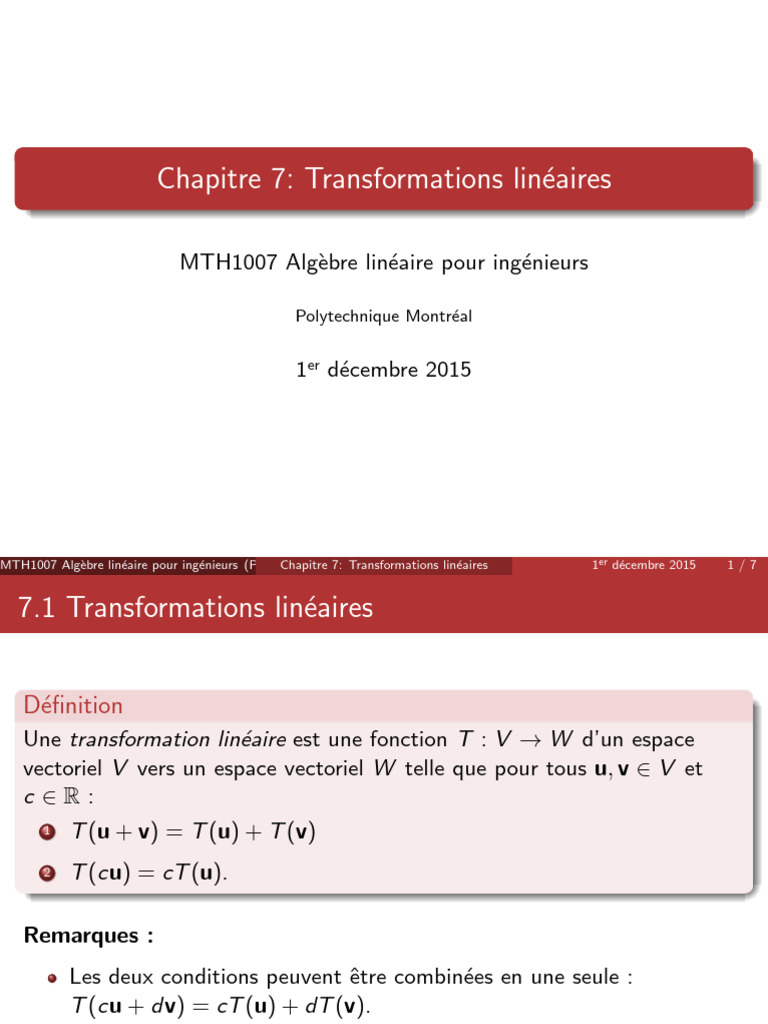 Chapitre 7: Transformations Lin Eaires: MTH1007 Alg' Ebre Lin Eaire Pour Ing Enieurs | PDF