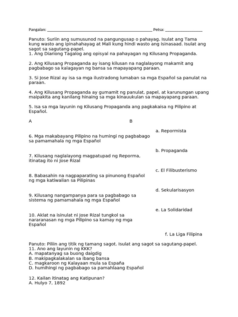 Quiz Katipunan | PDF | Philippines | History