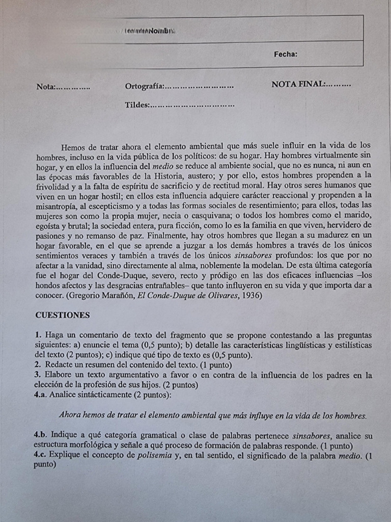 Ejemplo ejercicio comentario de texto 2 Bachillerato | PDF
