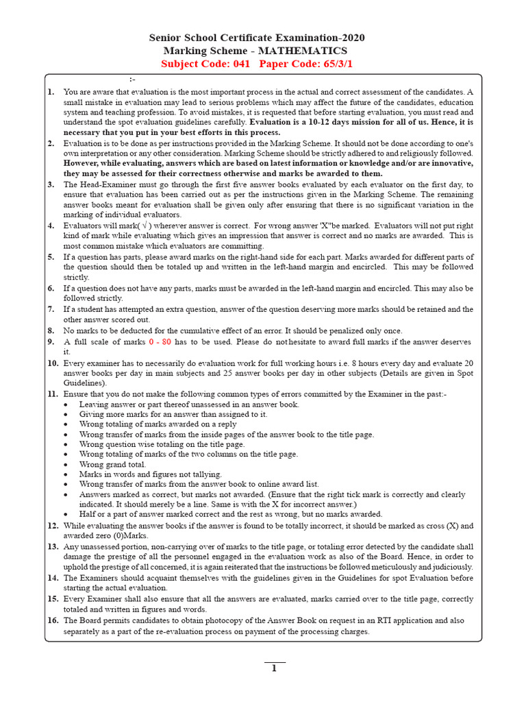 Maths (041) Set 65-3-1,2,3 Class Xii Marking Scheme 2020 | PDF
