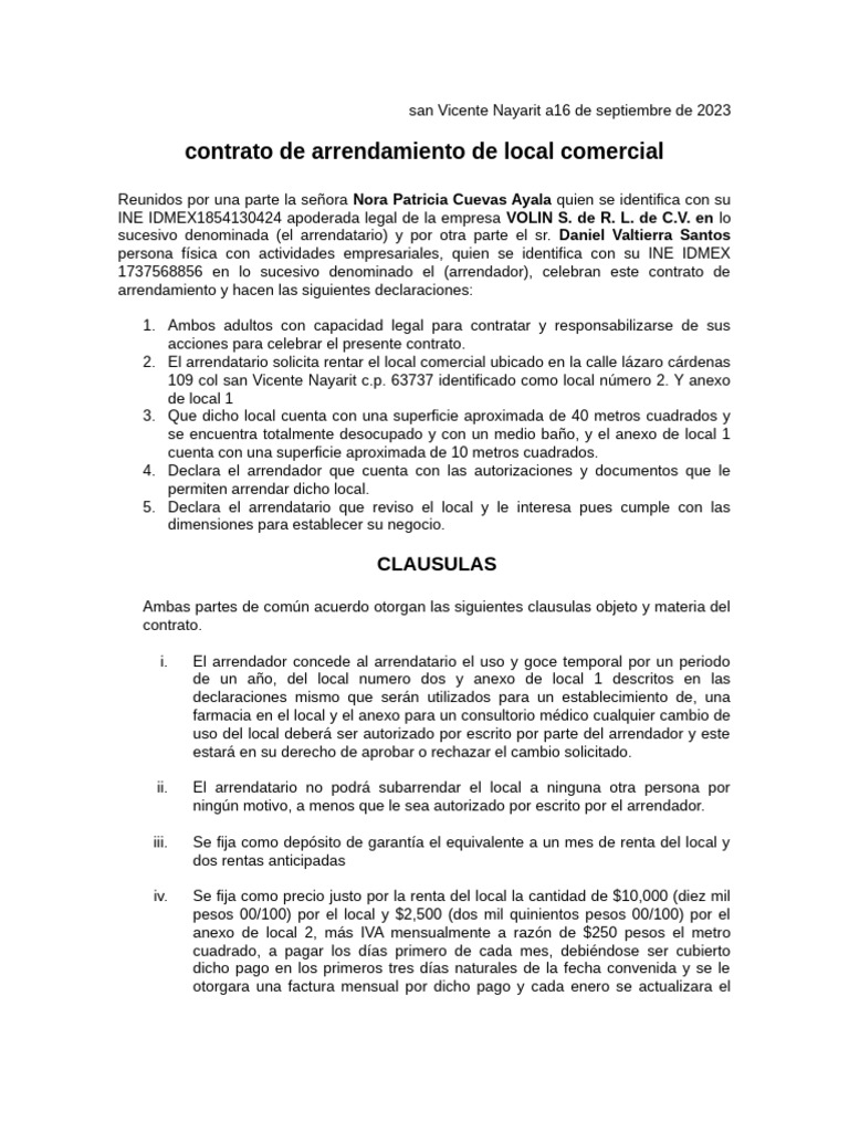 Contrato de Arrendamiento Local 2 San Vicente 2024 | PDF