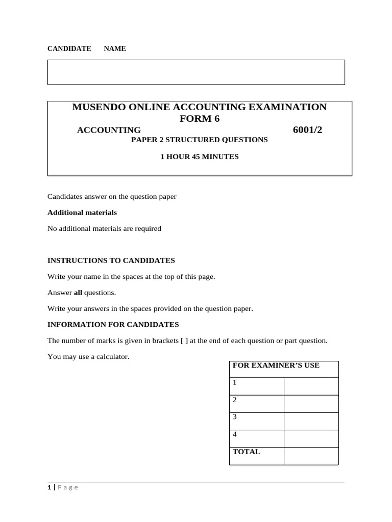Musendo Online Accounting Examination Form 6 6001/2 | PDF