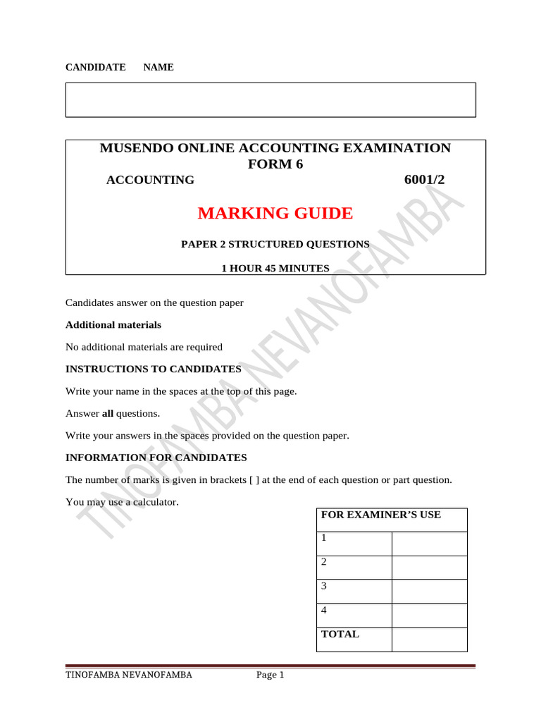 Marking Guide: Musendo Online Accounting Examination Form 6 6001/2 | PDF