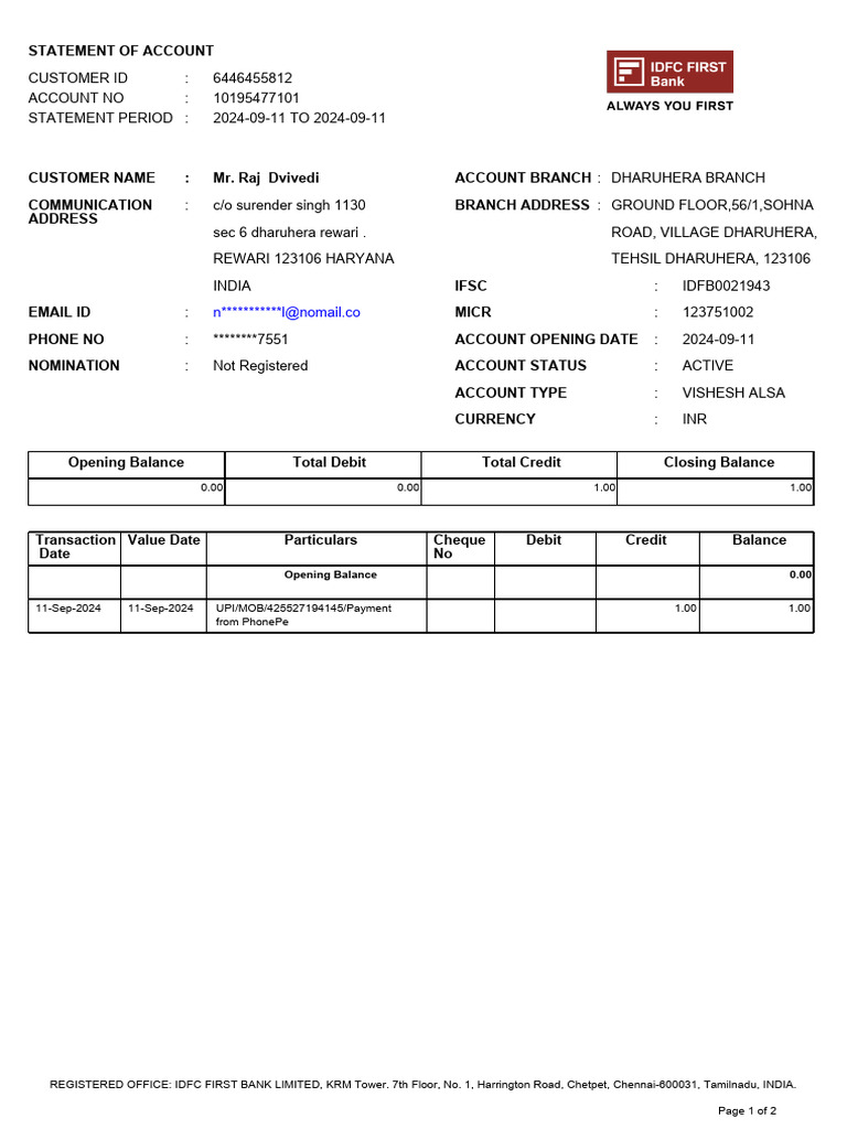 IDFCFIRSTBankstatement 10195477101 122216212 | PDF | Banks | Debit Card
