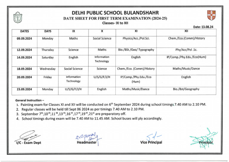 First Term Date Sheet(IX to XII) 24-25 | PDF