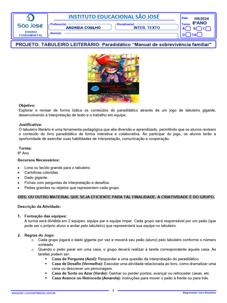 PROJETO TABULEIRO - 8º ANO Prof Andreia | PDF