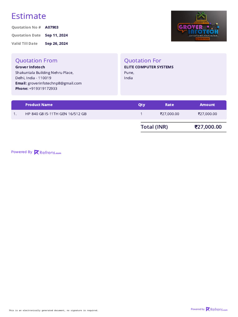 Quotation A07903 Grover Infotech Elite Computer Systems | PDF