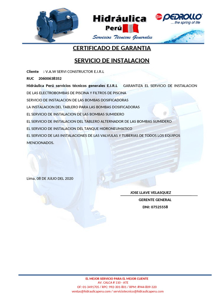 CARTA DE GARANTIA DE SERVICIO DE INSTALACION TACNA | PDF