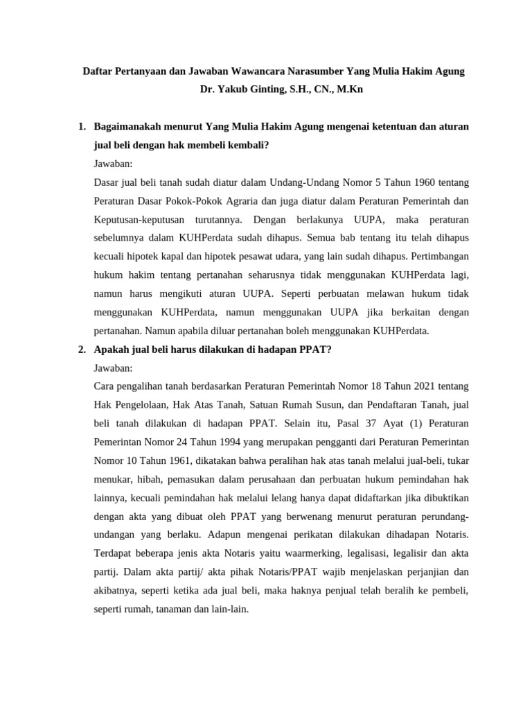 Daftar Pertanyaan Dan Jawaban Wawancara Narasumber Yang Mulia Hakim Agung Dr. Yakub Ginting, S.H ...