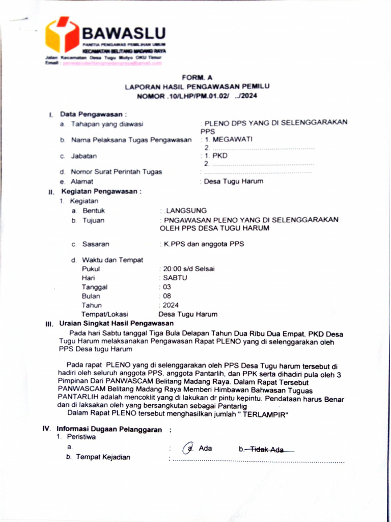 Form A Megawati Rapat Pleno DPS Desa Tugu Harum | PDF