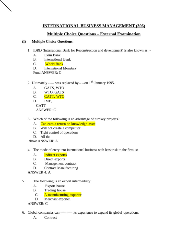 MCQ International Business Management | PDF