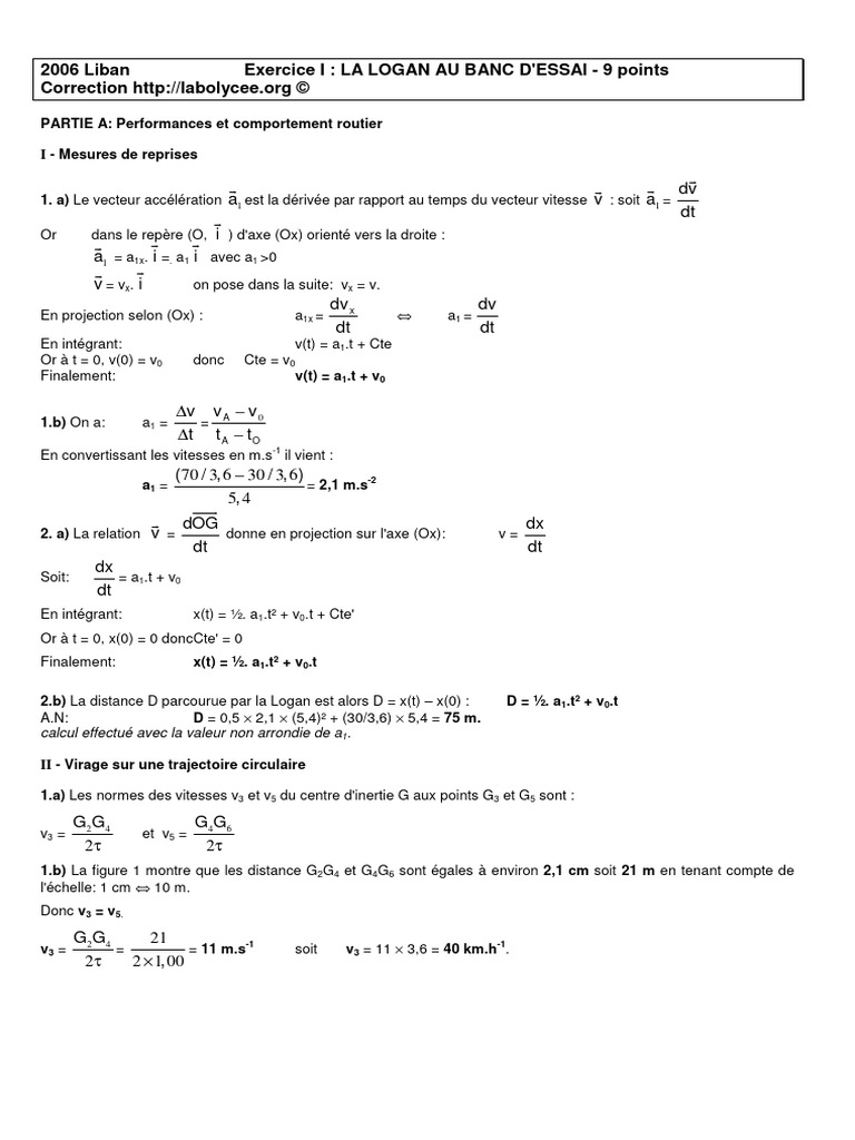 2006 Liban Exo1 Correction Meca Logan 9pts | PDF