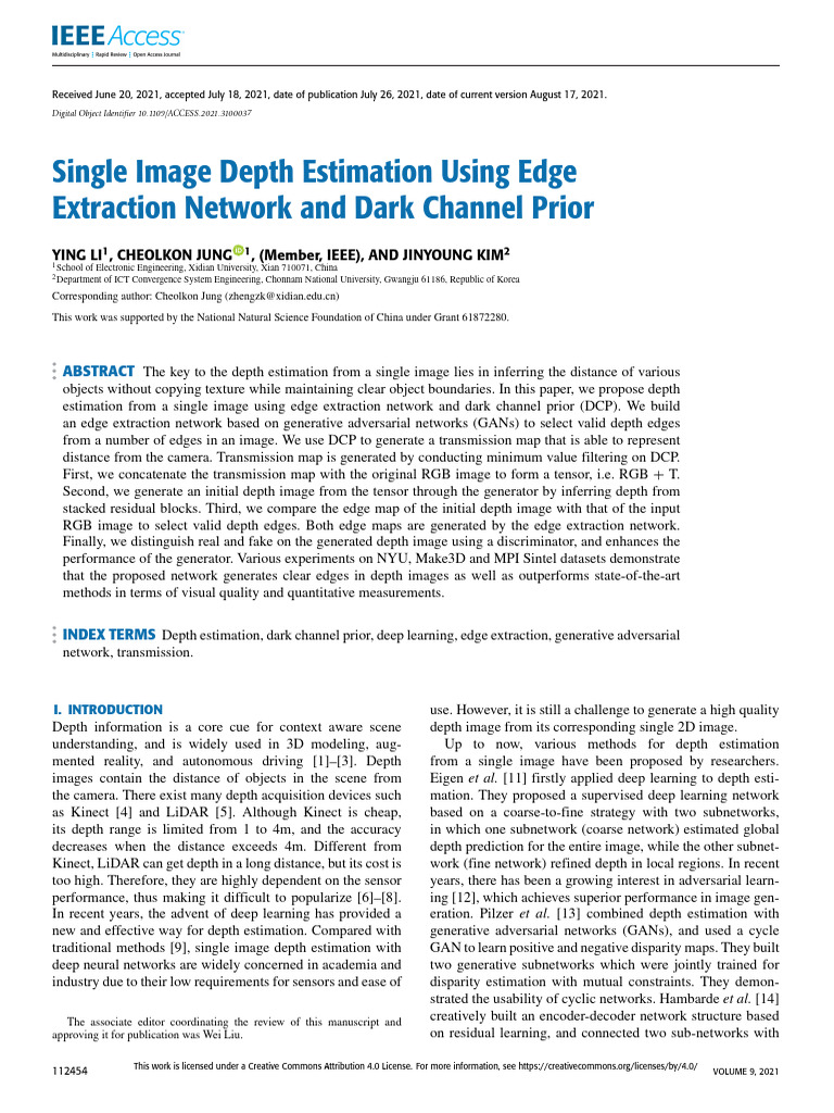 Single Image Depth Estimation Using Edge Extraction Network and Dark Channel Prior | PDF
