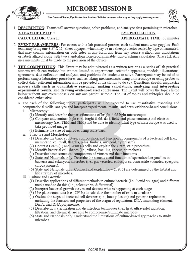 Science Olympiad Div B Rules 2025 Microbe Mission | PDF