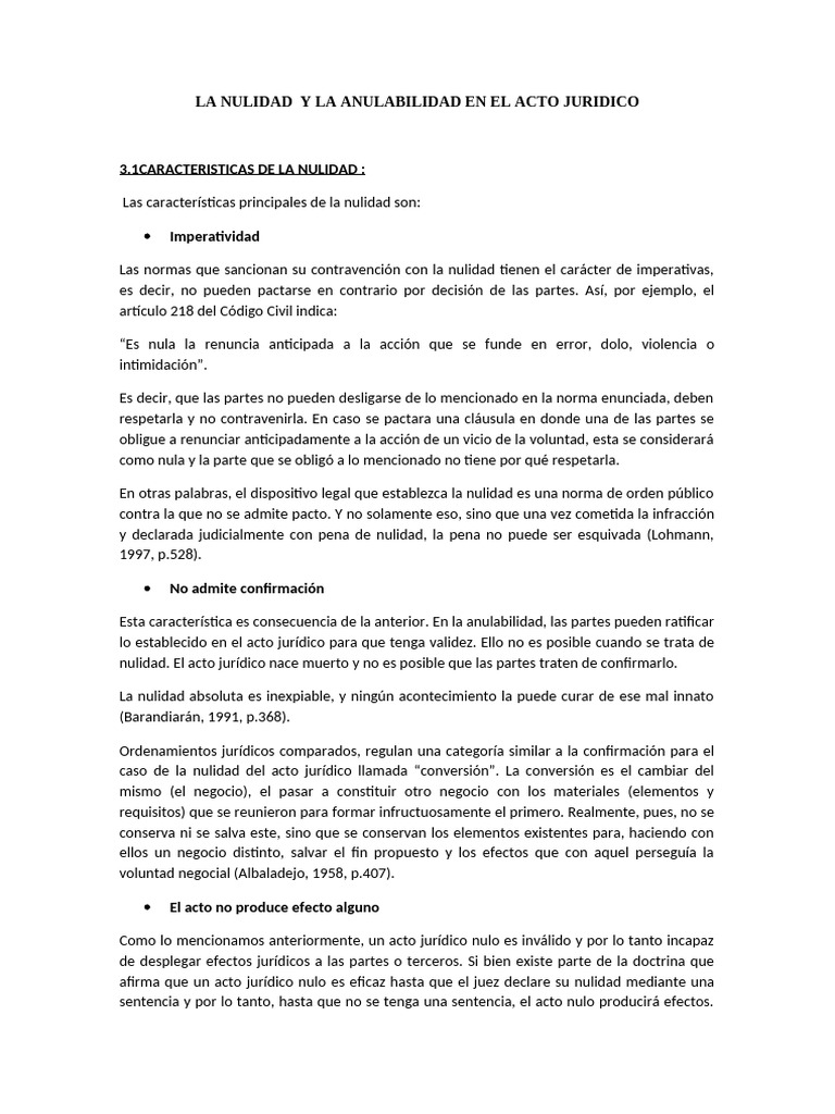 Caracteristicas - La Nulidad y La Anulabilidad en El Acto Juridico | PDF