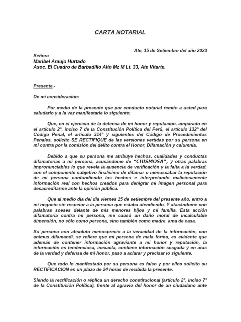 Carta Notarial Por Difamacion | PDF