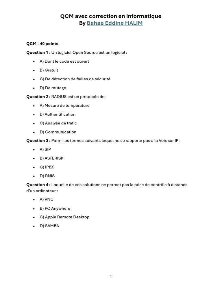 40 Questions QCM Avec Correction en Informatique by Bahae Eddine HALIM ...