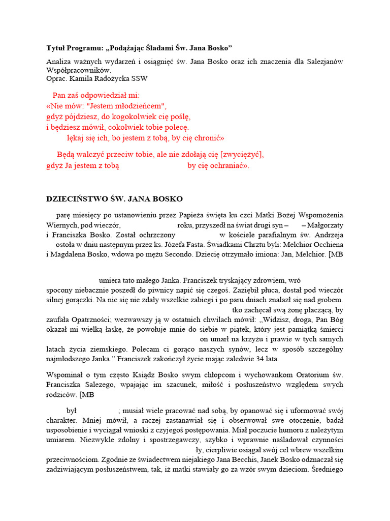 Skrypt - Życiorys Św. Jana Bosko Dla Moderatora 1 | PDF
