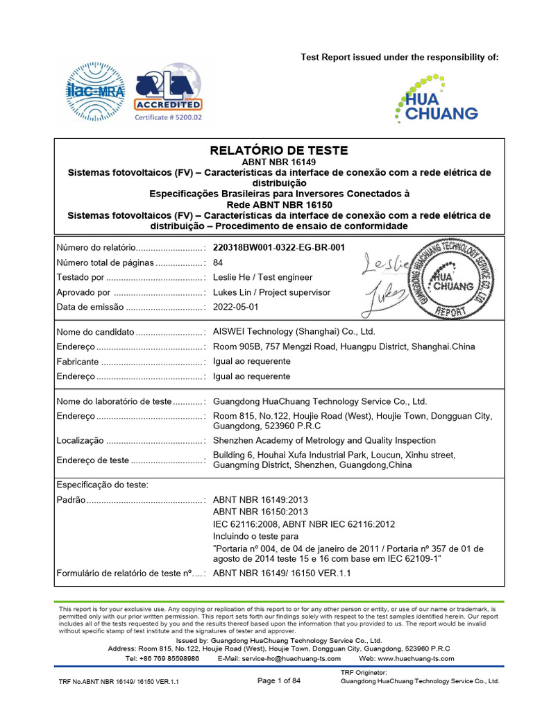 Certificado - Solplanet ASW30K-LT-G3 - ABNT 16149 16150 - IEC 62116 | PDF