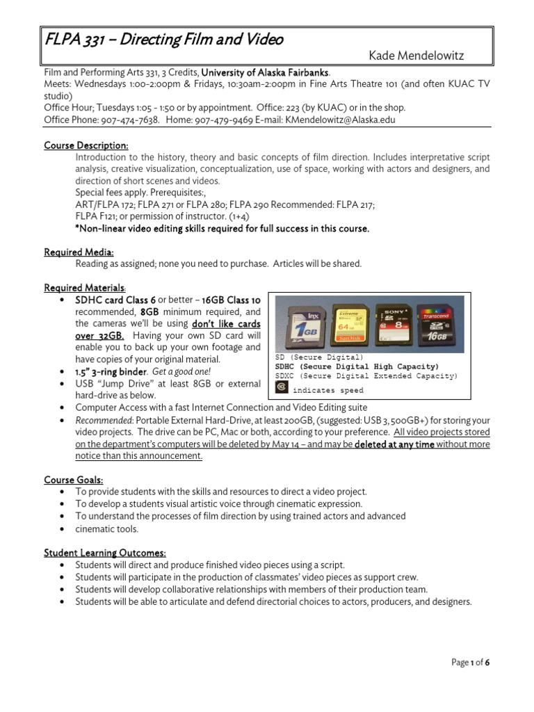 FLM 331 Film Directing Syllabus 2019 | PDF