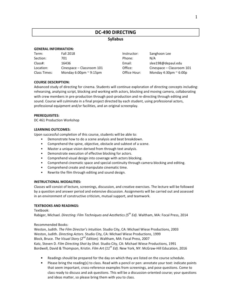 Syllabus - DC490 Directing - FA18 - v2 | PDF