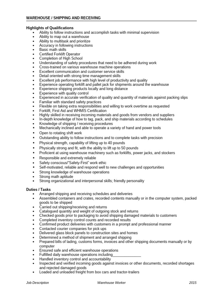 Warehouse Position - JD - 2015 | PDF