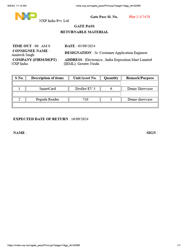 Gate Pass Sl. No. Gate Pass Returnable Material: Plot 2-3/7478 | PDF