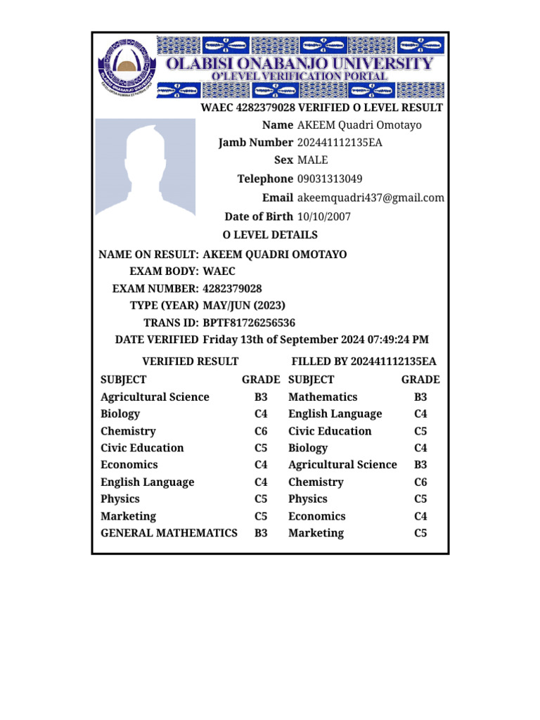 WAEC 4282379028 VERIFIED O LEVEL RESULT | PDF