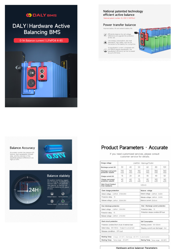 Daly Hardware BMS + Hardware Active Balancer 1A Current 4S 8S 30A 40A 60A 80A 100A LiFePO4 ...