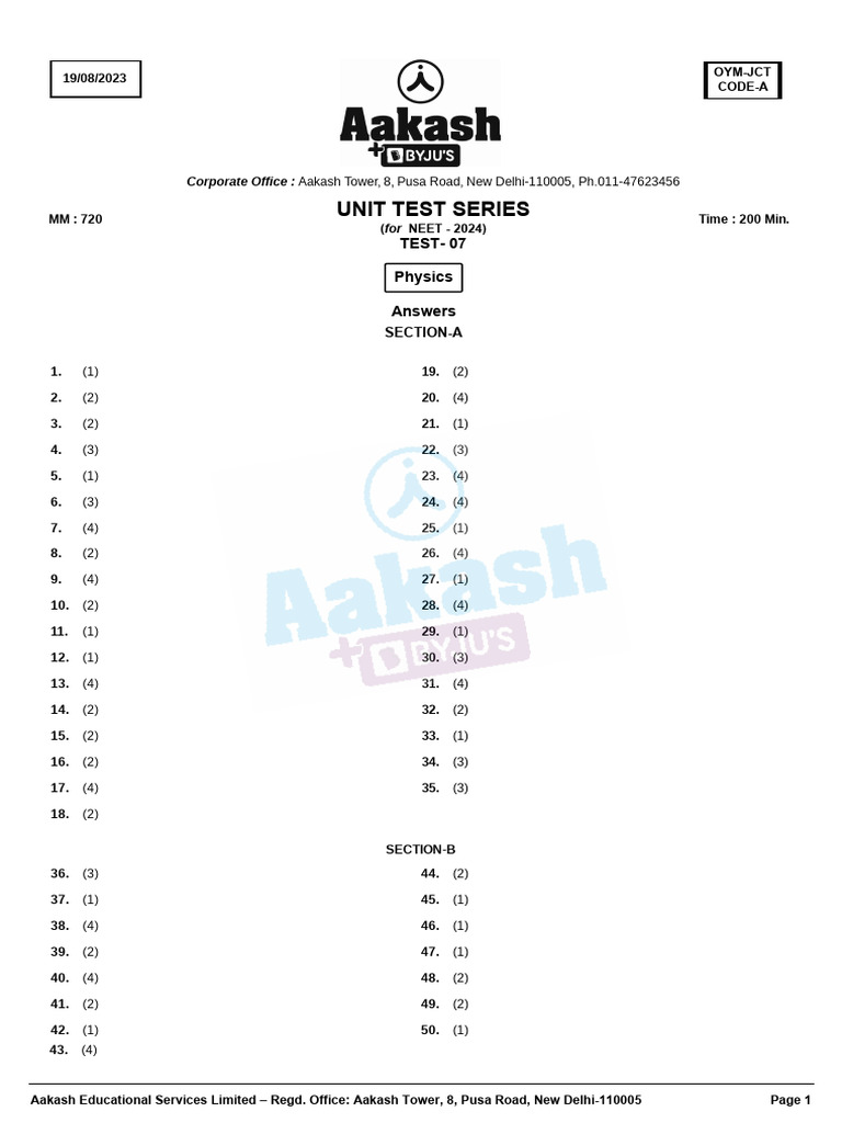 OYM - JCT - For NEET - UT-07 - 19-08-2023 - Key - Solutions | PDF