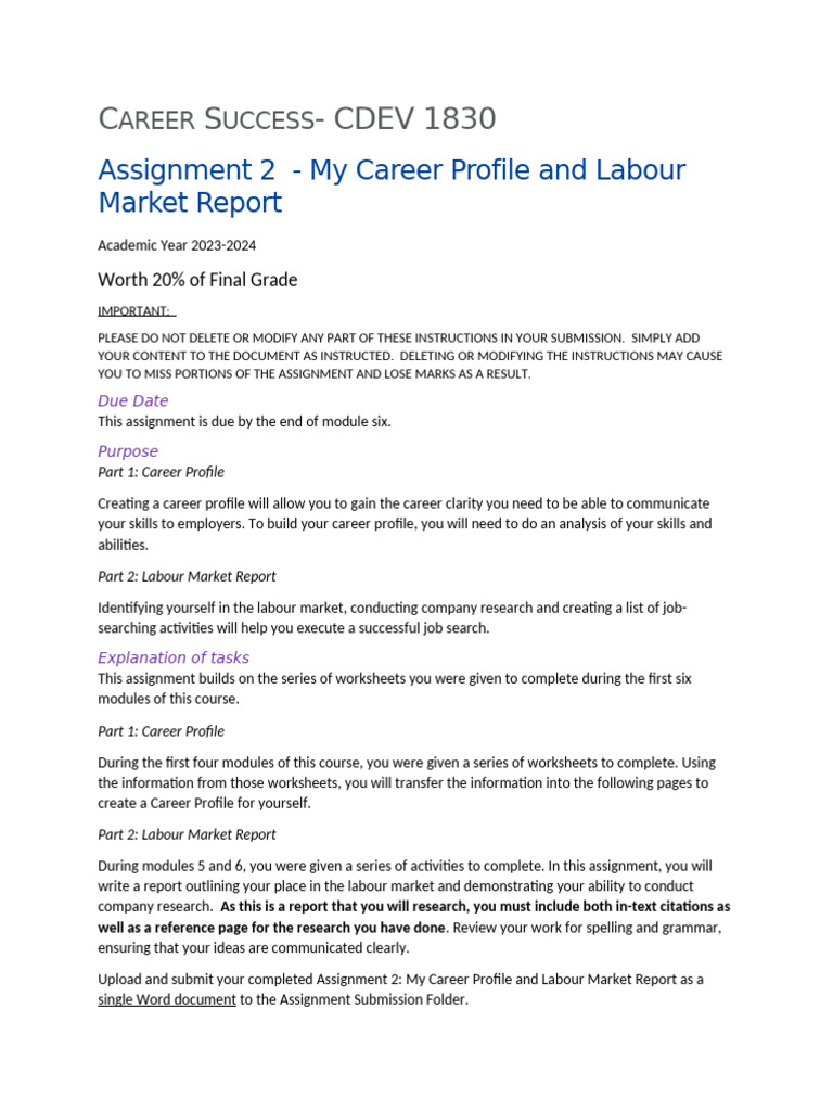 CDEV1830 Assignment 2 - My Career Profile and Labour Market Research ...