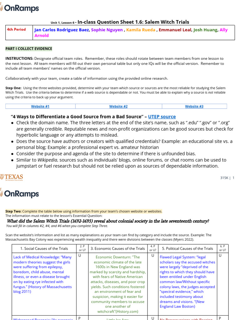 Founding Fishies - In-Class Question Sheet 1.6 - Salem Witch Trials | PDF