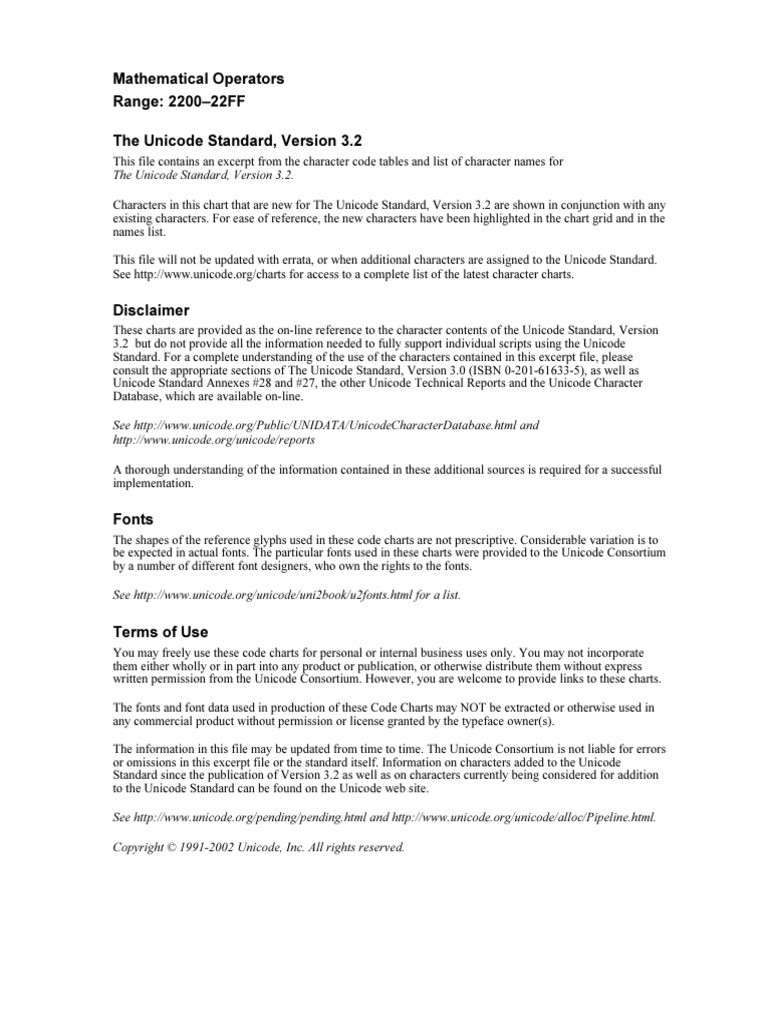 Mathematical Operators Range: 2200-22FF The Unicode Standard, Version 3 ...