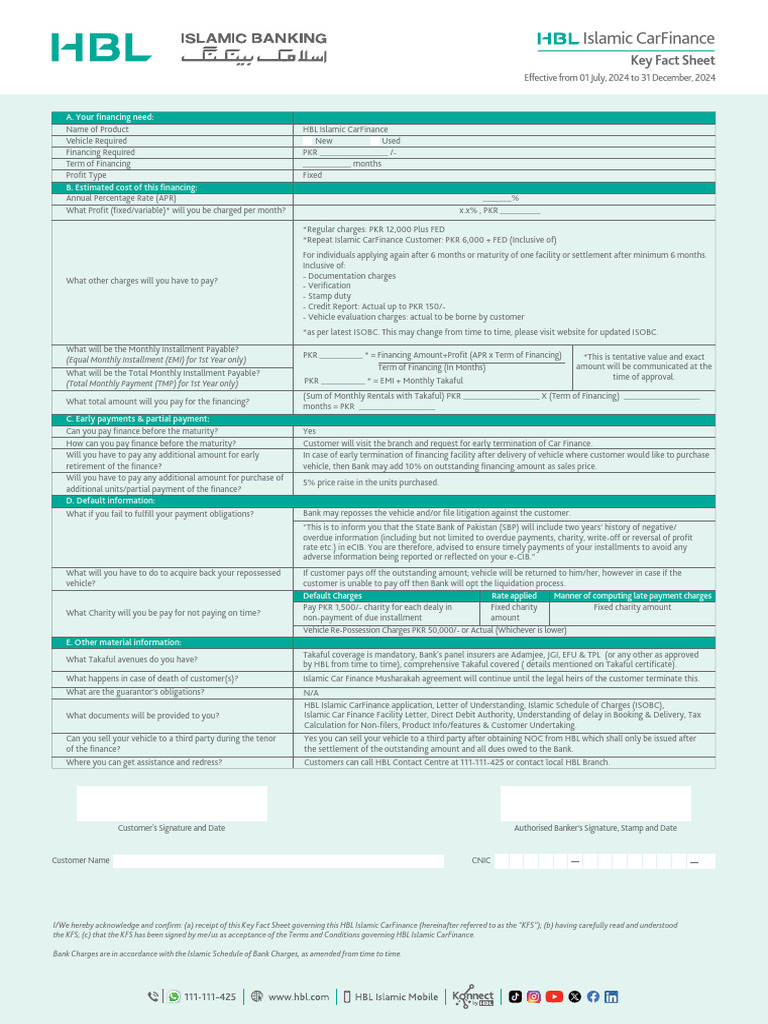 HBL Islamic CarFinance KFS Jul-Dec 2024 Eng | PDF