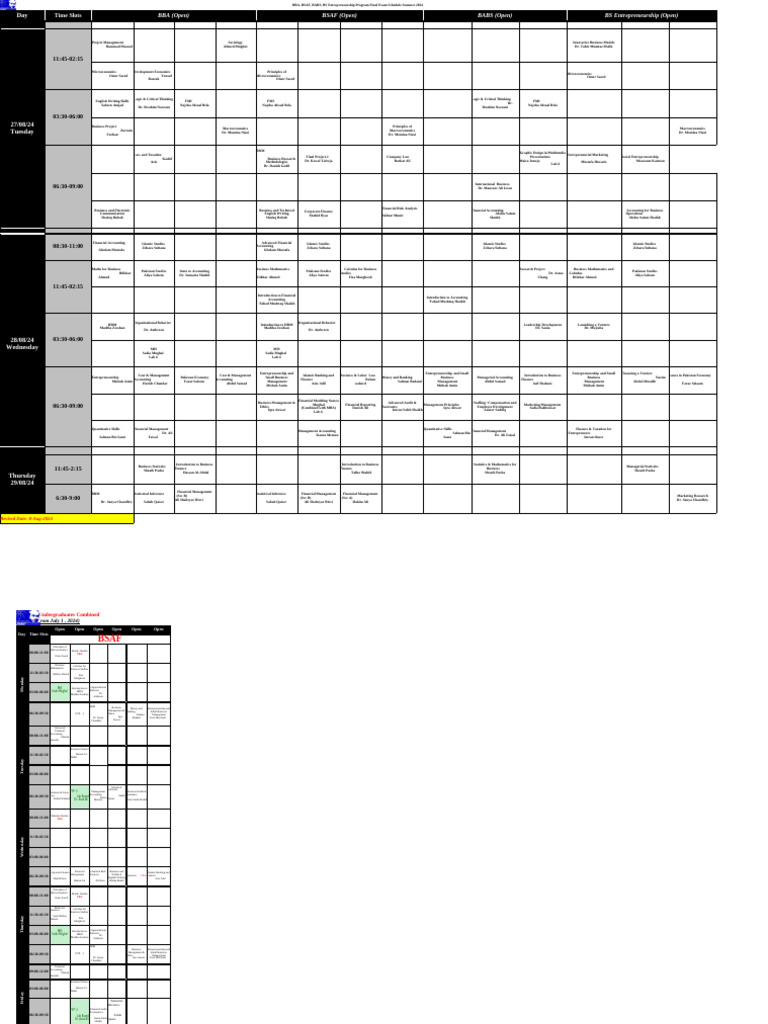 BBA, BSAF, BABS, BSE Program Final Exam Schedule For Summer 2024 | PDF
