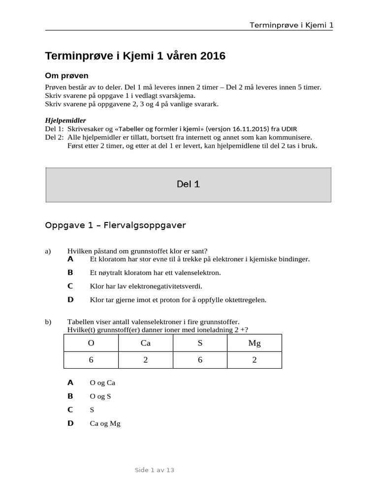 Kjemi 1 V16 LK06 | PDF