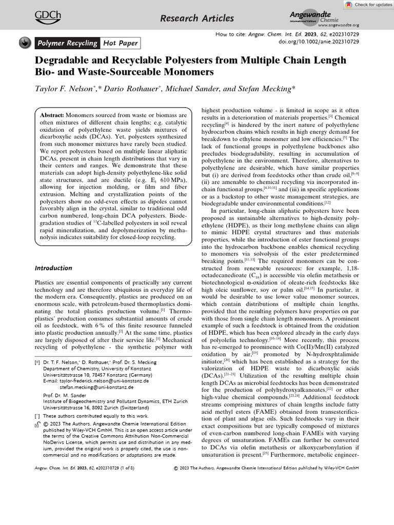 Angew Chem Int Ed - 2023 - Nelson - Degradable and Recyclable ...