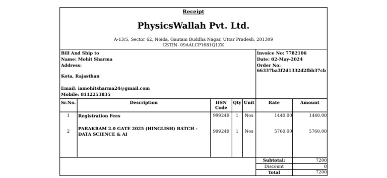 Physics Wallah Invoice GATE-2025 | PDF