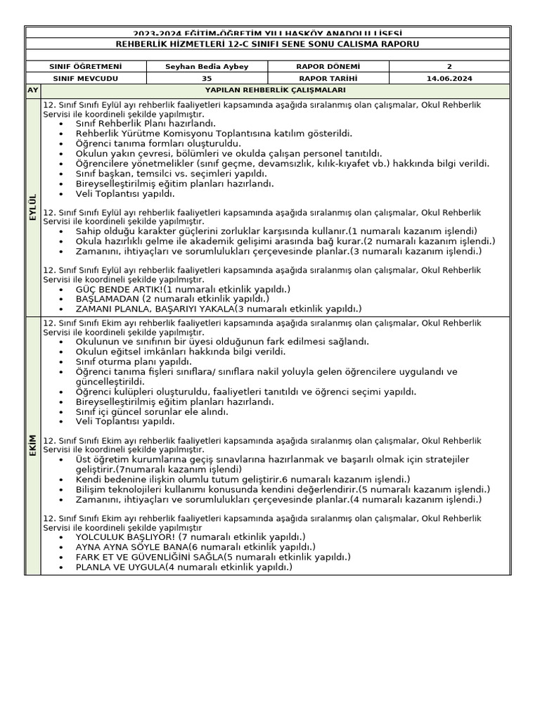 Seyhan Bedia Aybey 12 Sinif Sene Sonu Rehberlik Raporu 1718052492 | PDF