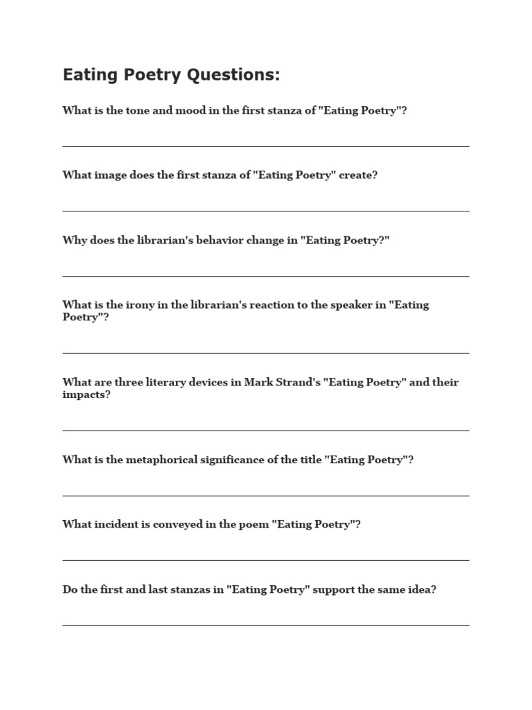 Questions and Answers For Eating Poetry | PDF | Poetry | Rhyme