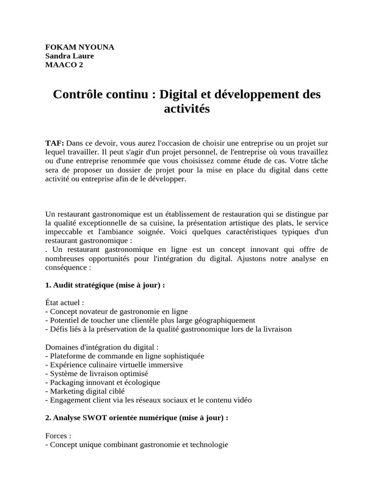 Contrôle Continu: Digital Et Développement Des Activités: Fokam Nyouna ...