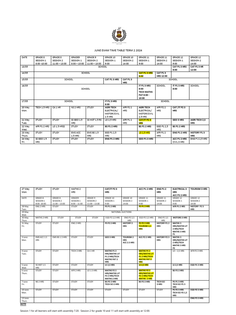 June Exam Timetable 2024 | PDF