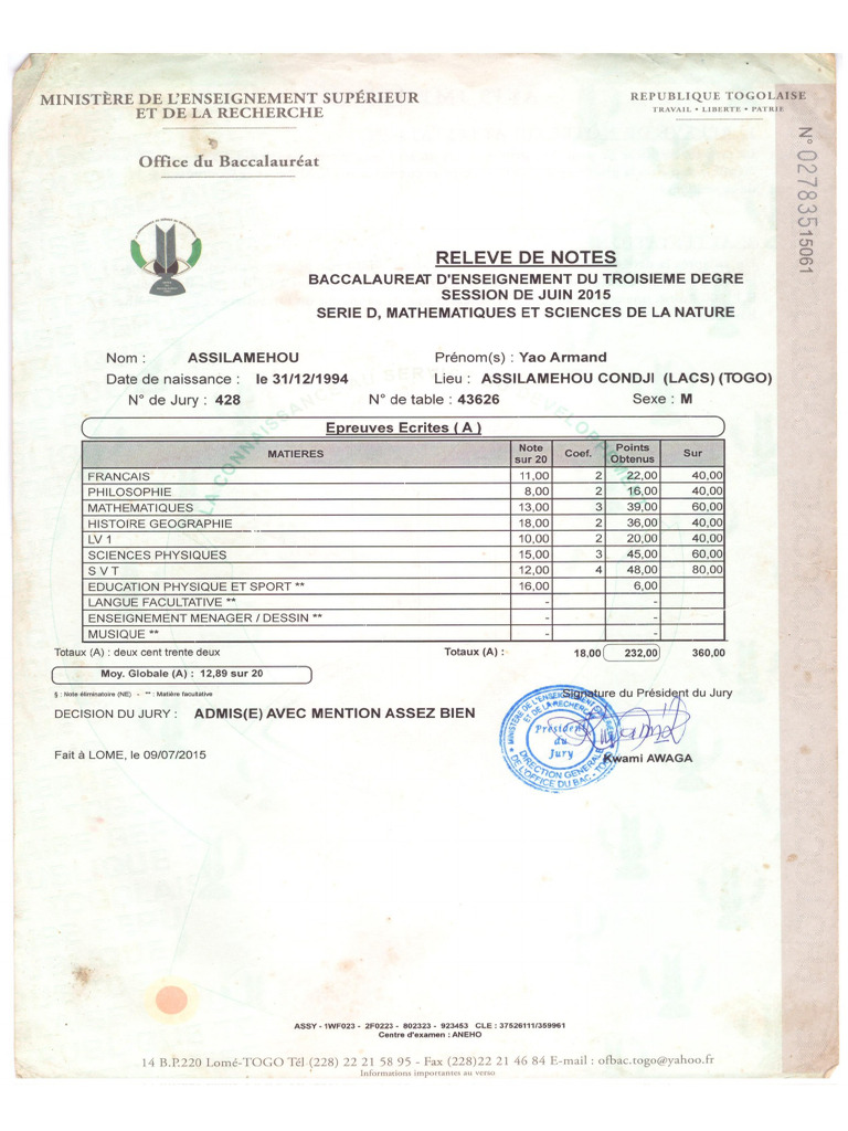 Relevé de Notes BAC | PDF