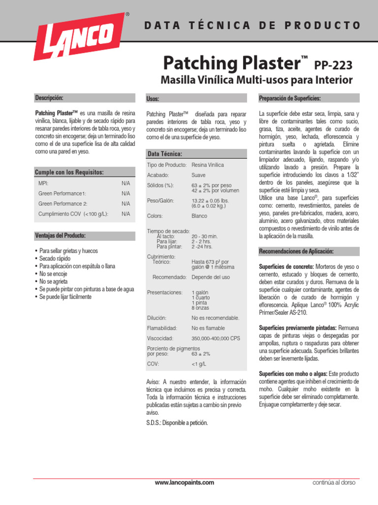 Ficha Tecnica Patching Plaster PP223 Espa Ol | PDF