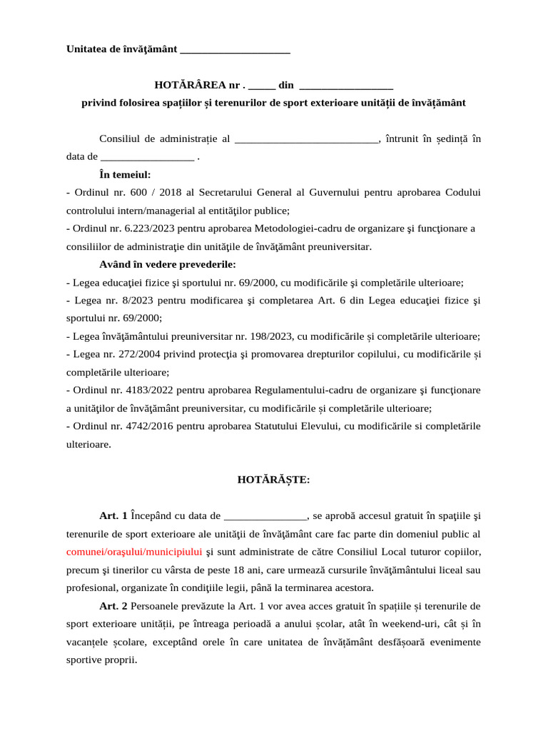 Anexa 4 - Hotarare CA Privind Folosirea Spatiilor Si Terenurilor de Sport Exterioare | PDF