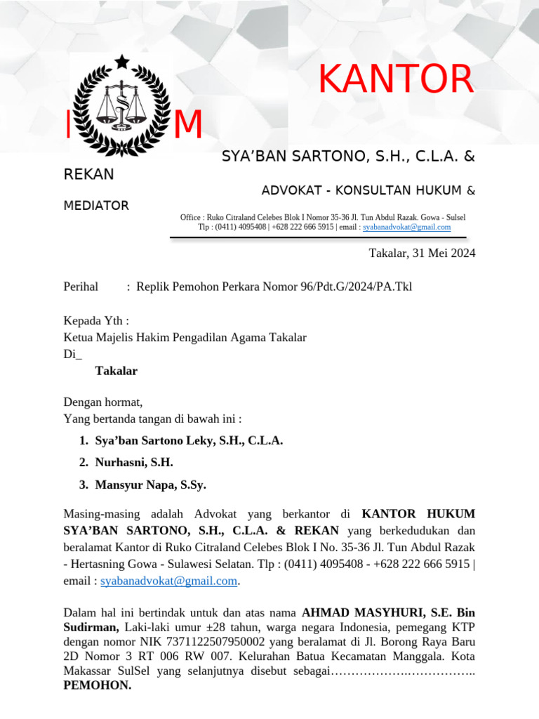 Replik Pemohon Cerai | PDF | Social Science | Law