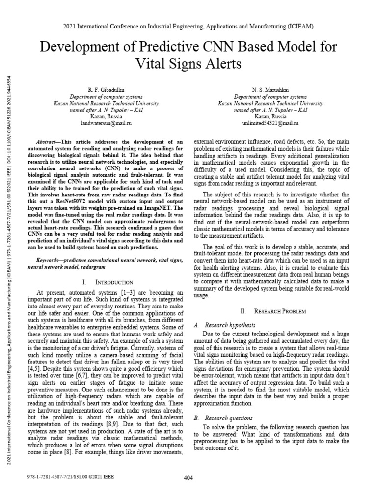Development of Predictive CNN Based Model For Vital Signs Alerts | PDF