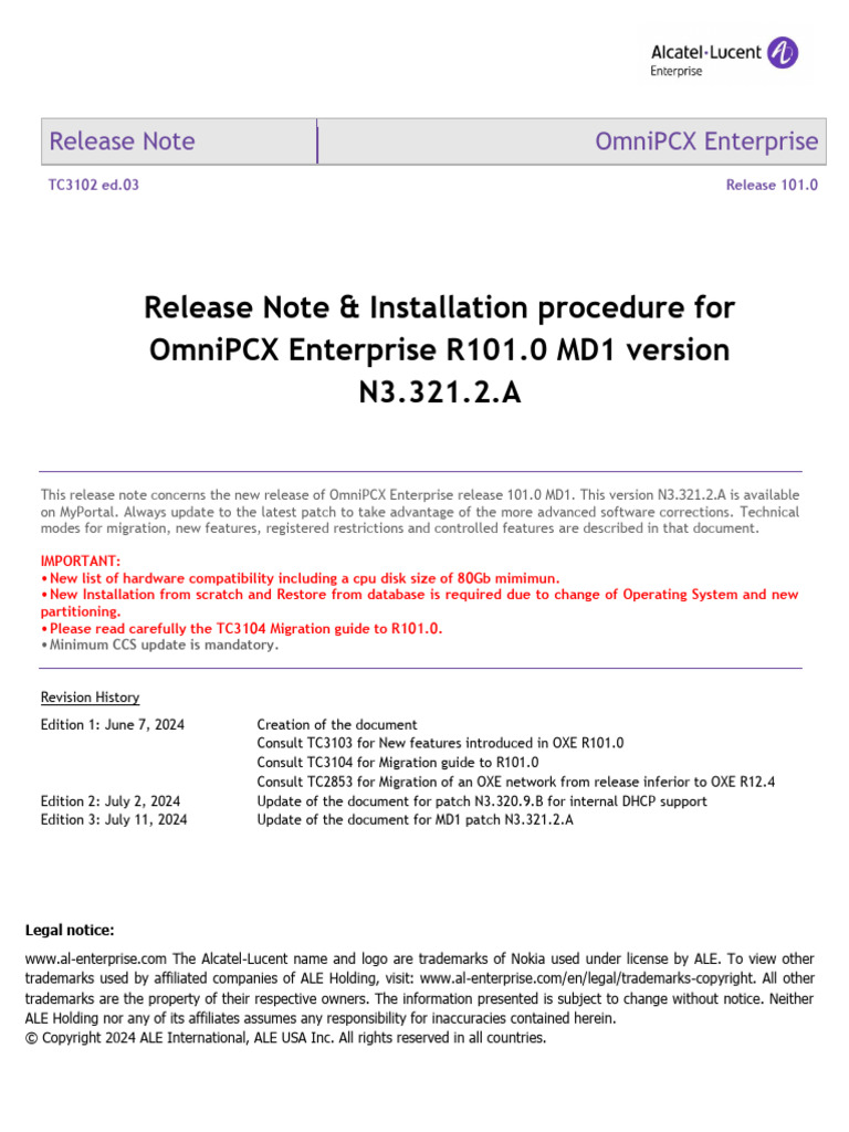 TC3102en-Ed03 Release Note and Installation Procedure OmniPCX ...