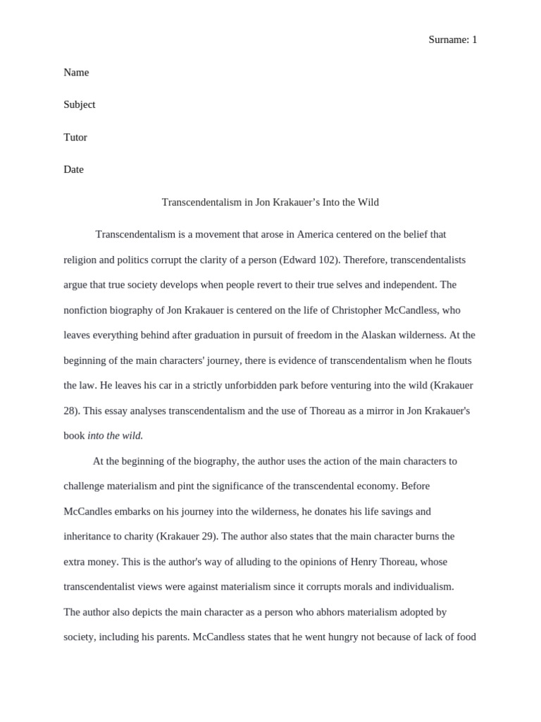 Transcendentalism in Jon Krakauer's Into The Wild | PDF