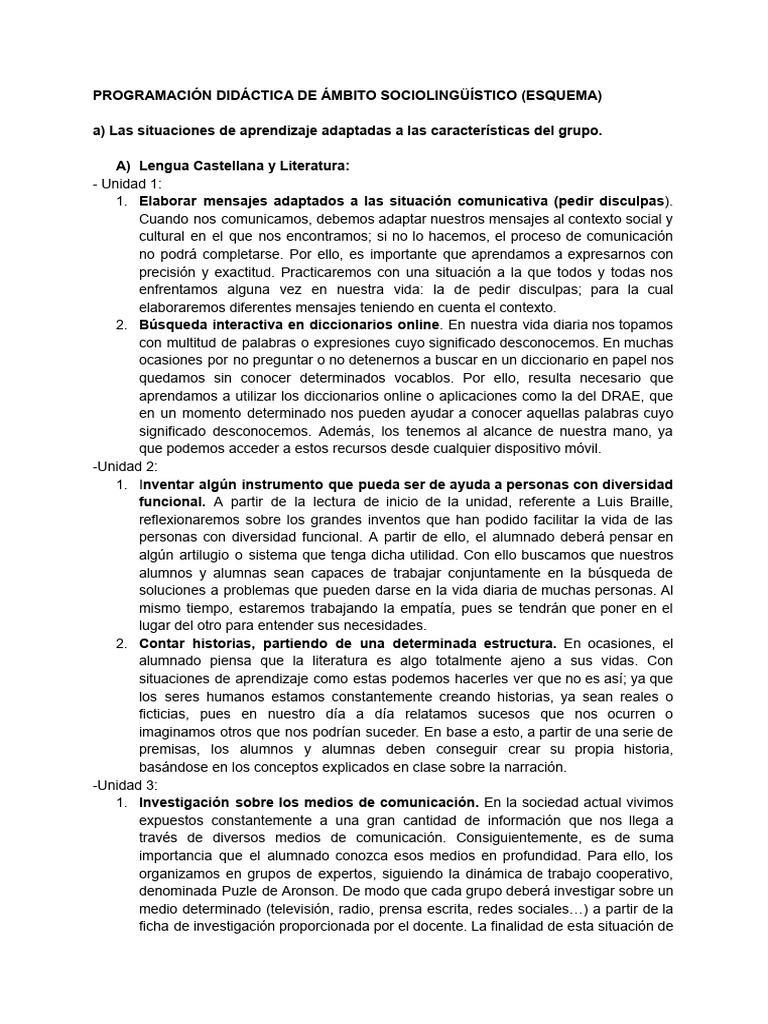 Programación Didáctica de Ámbito Sociolingüístico (Esquema) | PDF